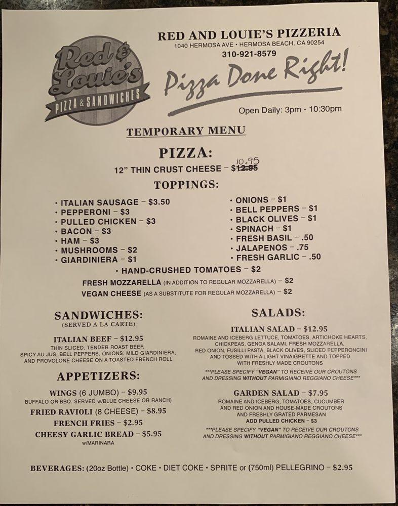 Menu at Red & Louie's Pizzeria, Hermosa Beach