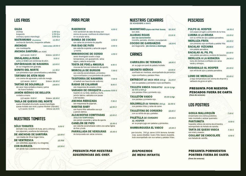 Carta de Restaurante El Vasco, Buñola