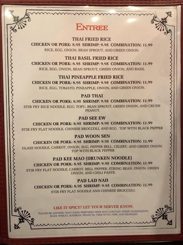 Menu at Taste of Thai restaurant, Holmen