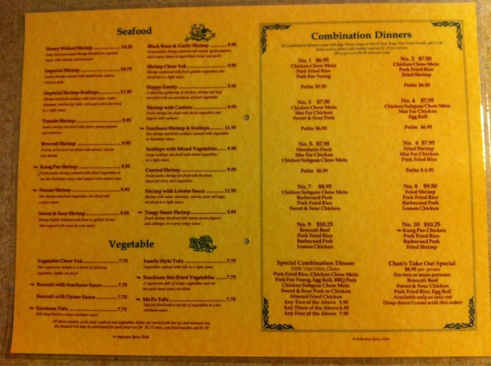 Menu at Chan's Restaurant, Brookings
