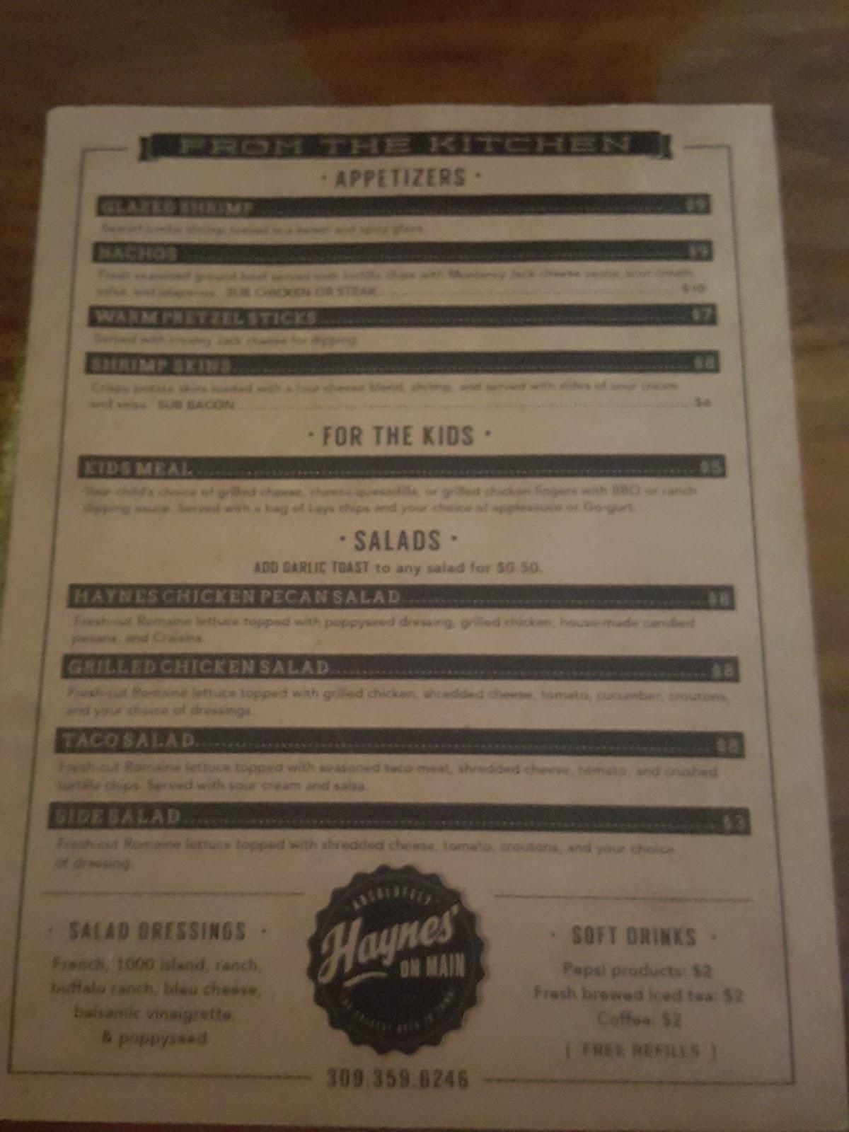 Menu at Haynes On Main pub & bar, Mackinaw