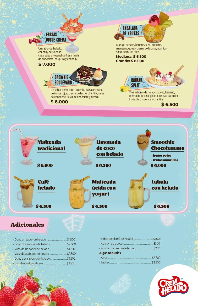 Carta del restaurante Heladería Boulevard, Tulua