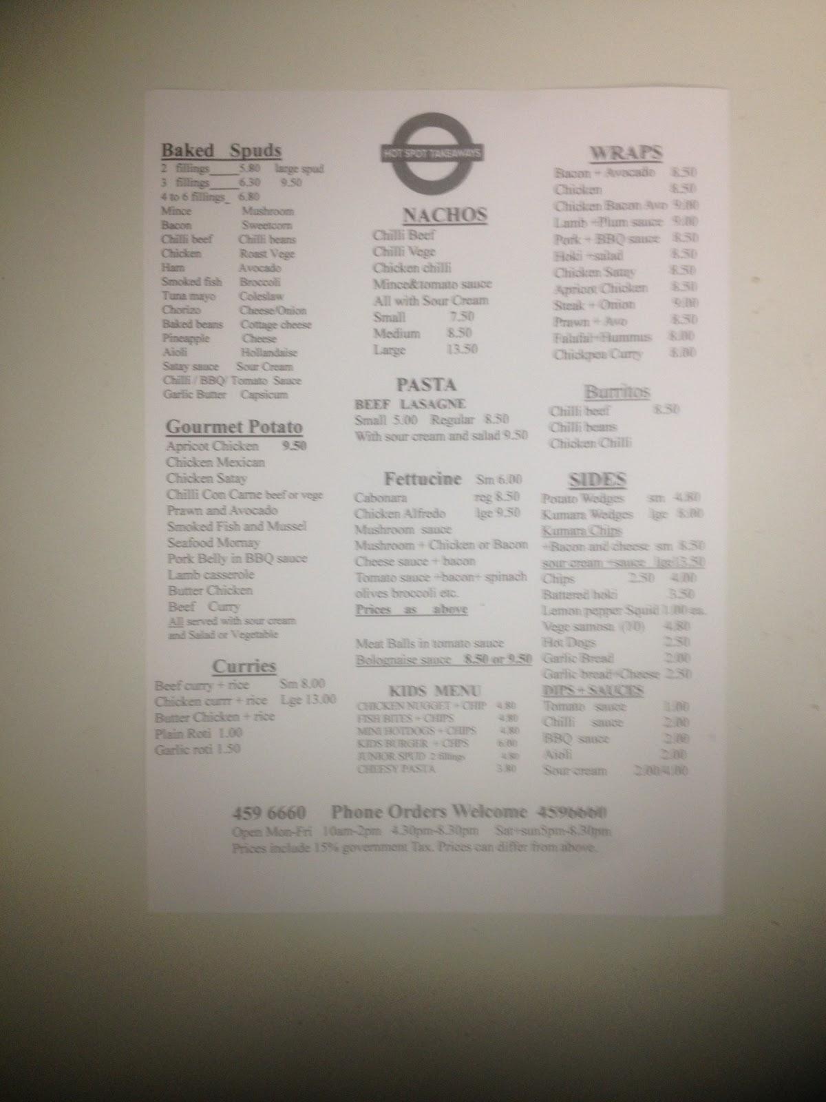 Menu at Hotspot Takeaways restaurant, Whangarei
