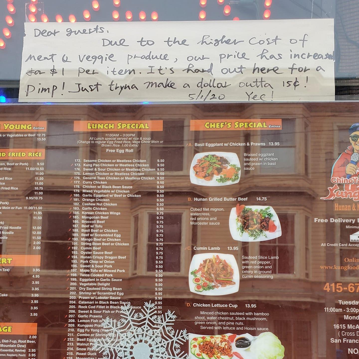 Menu at Kung Food restaurant, San Francisco