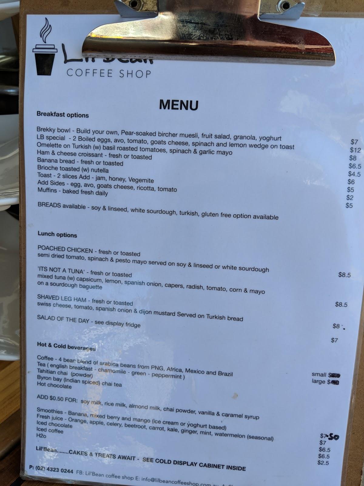 Menu at Lil'Bean Coffee Shop cafe, Gosford