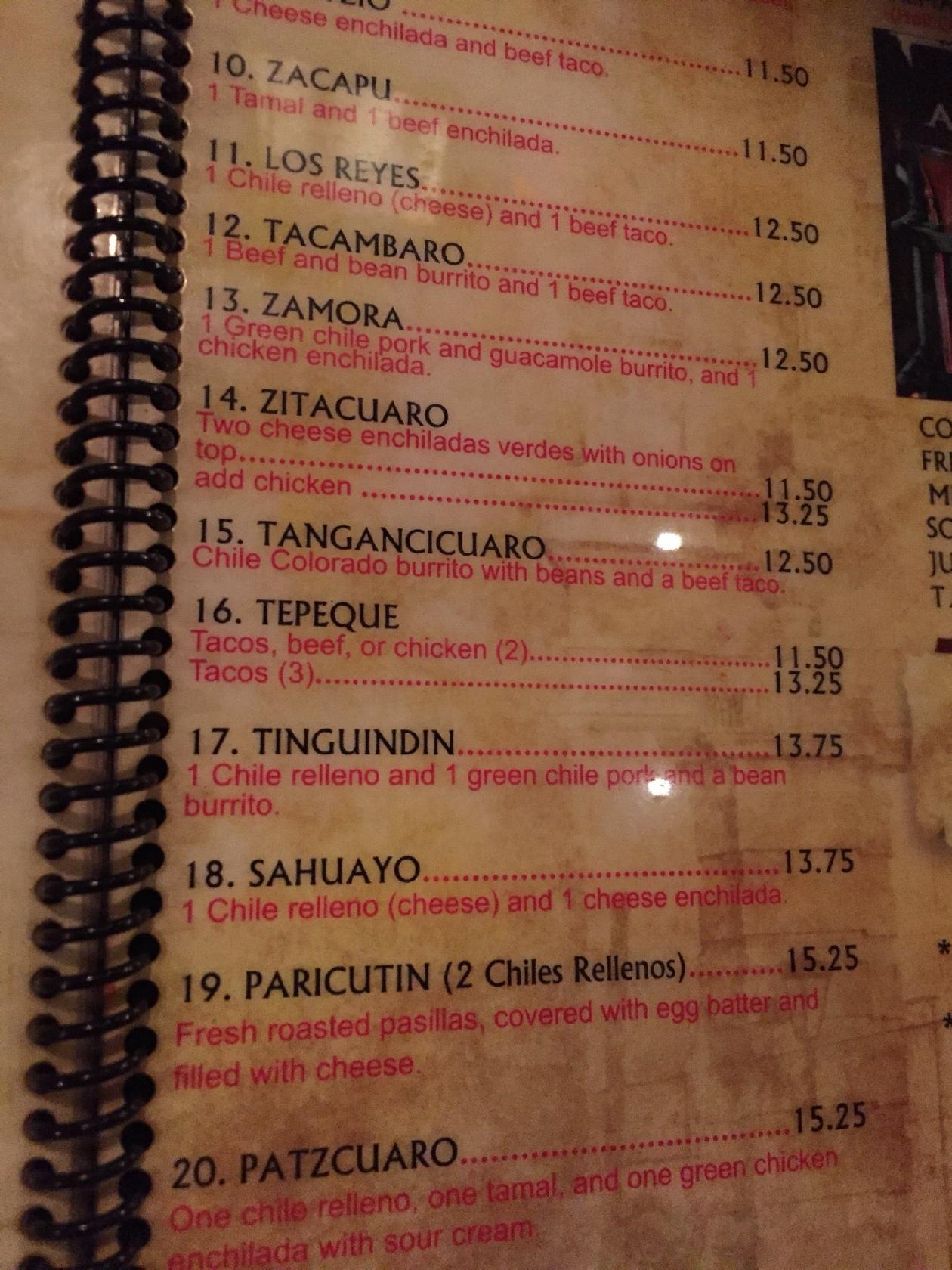 Menu at Lindo Michoacan restaurant, Las Vegas, E Desert Inn Rd