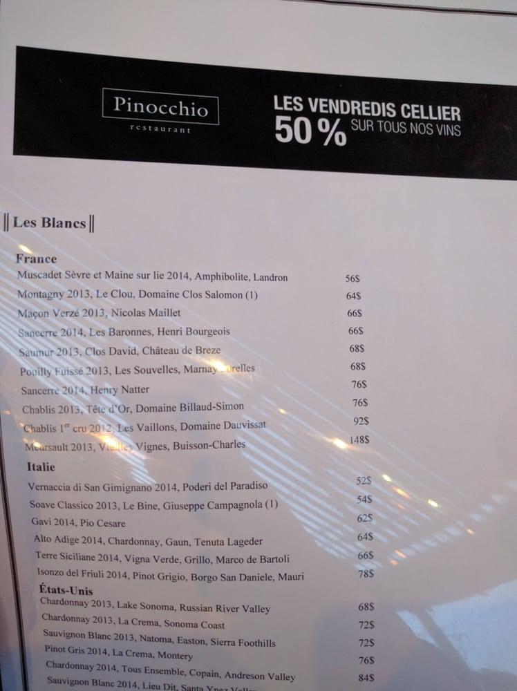 Menu at Pinocchio restaurant, Magog