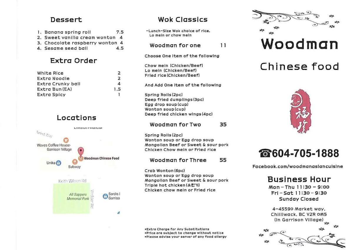 Menu at Woodman Chinese Food restaurant, Chilliwack
