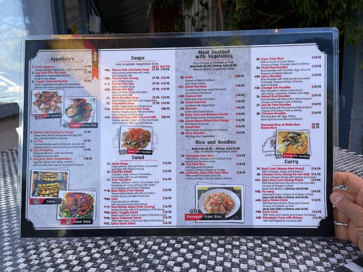 Menu at Bangkok West restaurant, Aptos