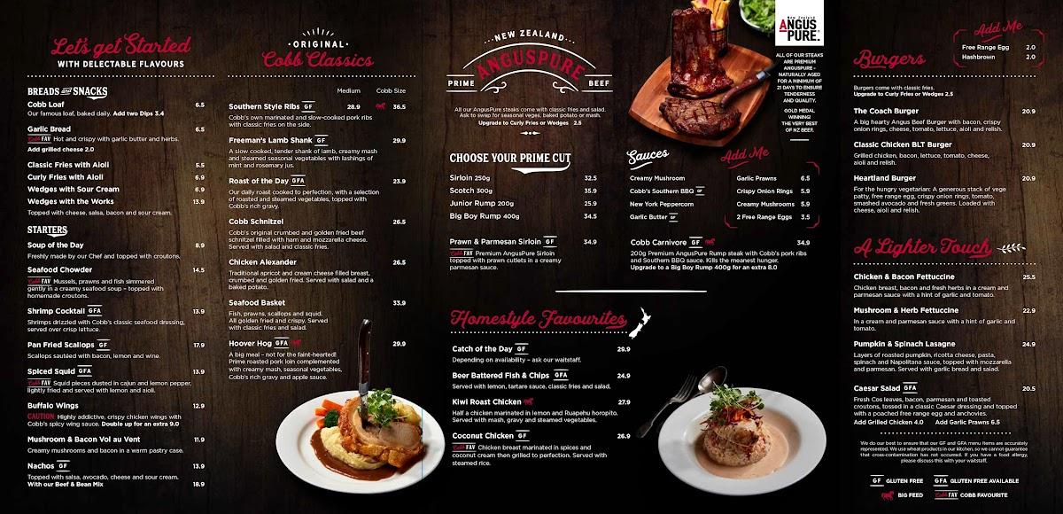 Menu at Cobb at the Railway Station restaurant, Dunedin