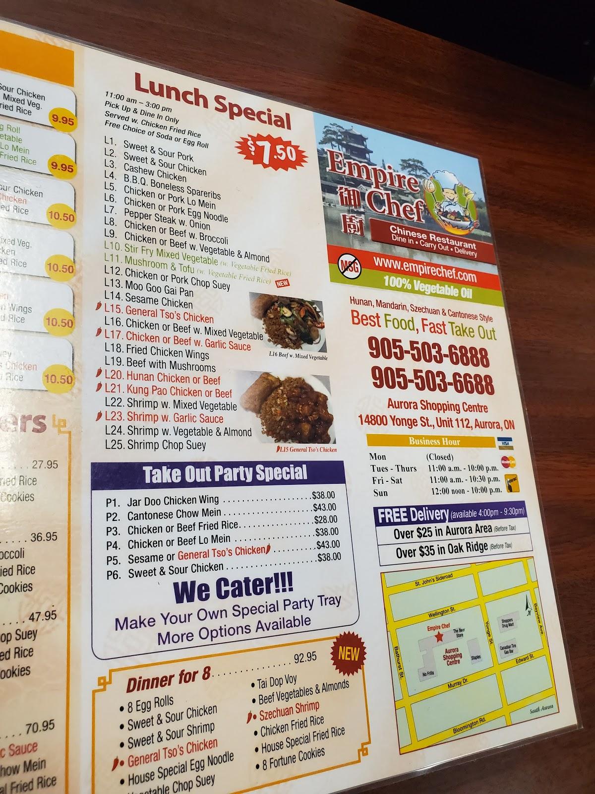 Menu at Empire Chef restaurant, Aurora, Yonge St
