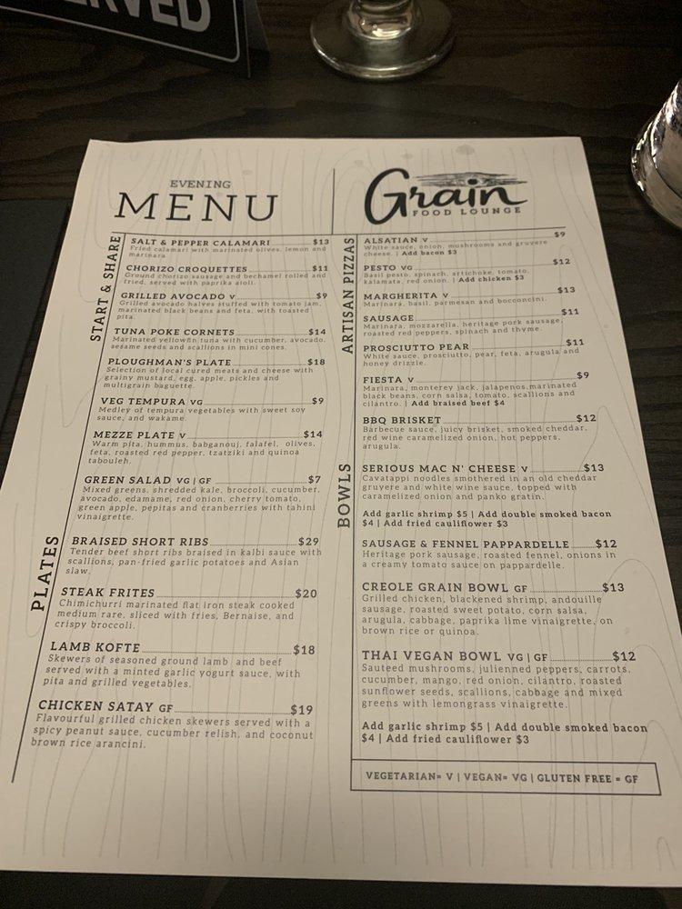 Menu at Grain Food Lounge restaurant, Kitchener