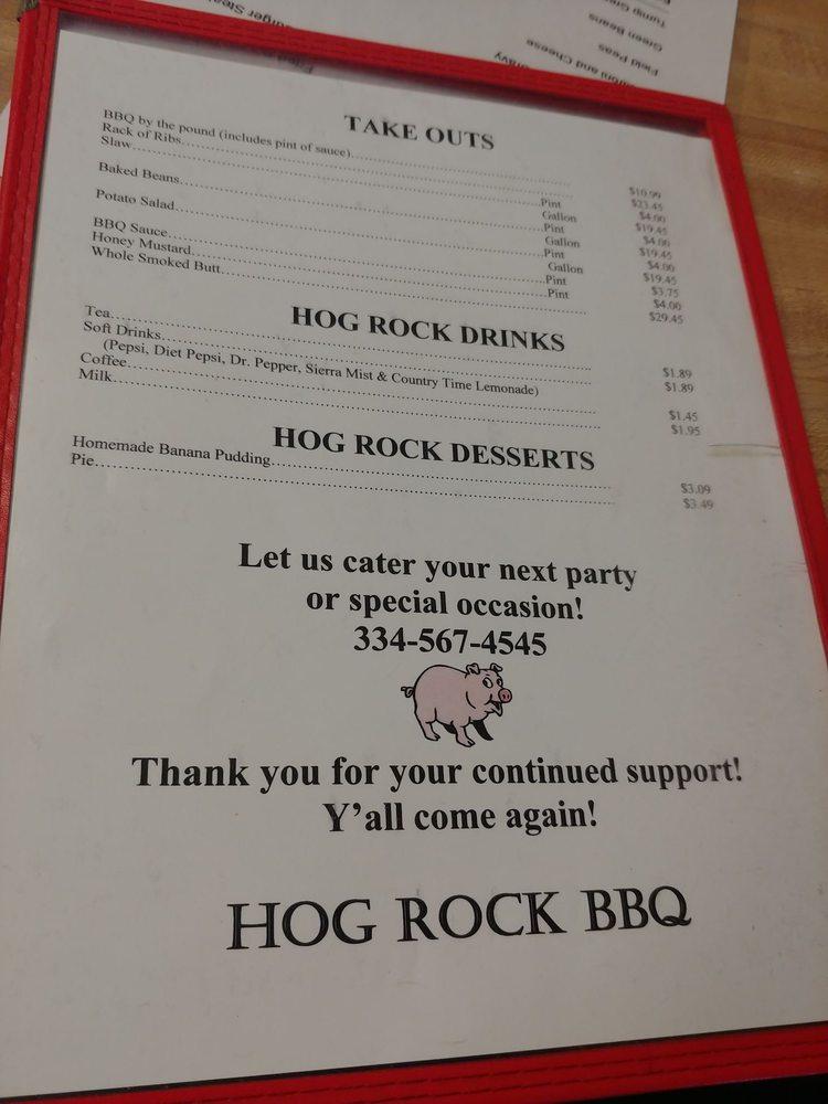 Menu at Hog Rock Bar-B-Q, Wetumpka