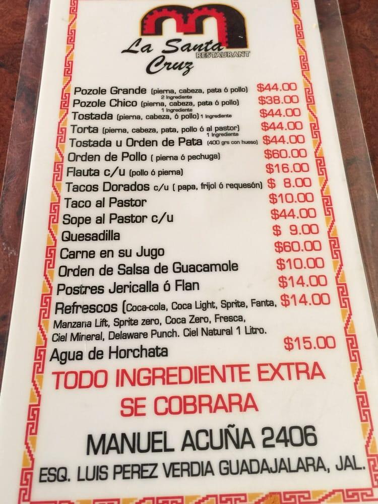 Carta del restaurante La Santa Cruz, Guadalajara, Avenida Manuel Acuña 2406