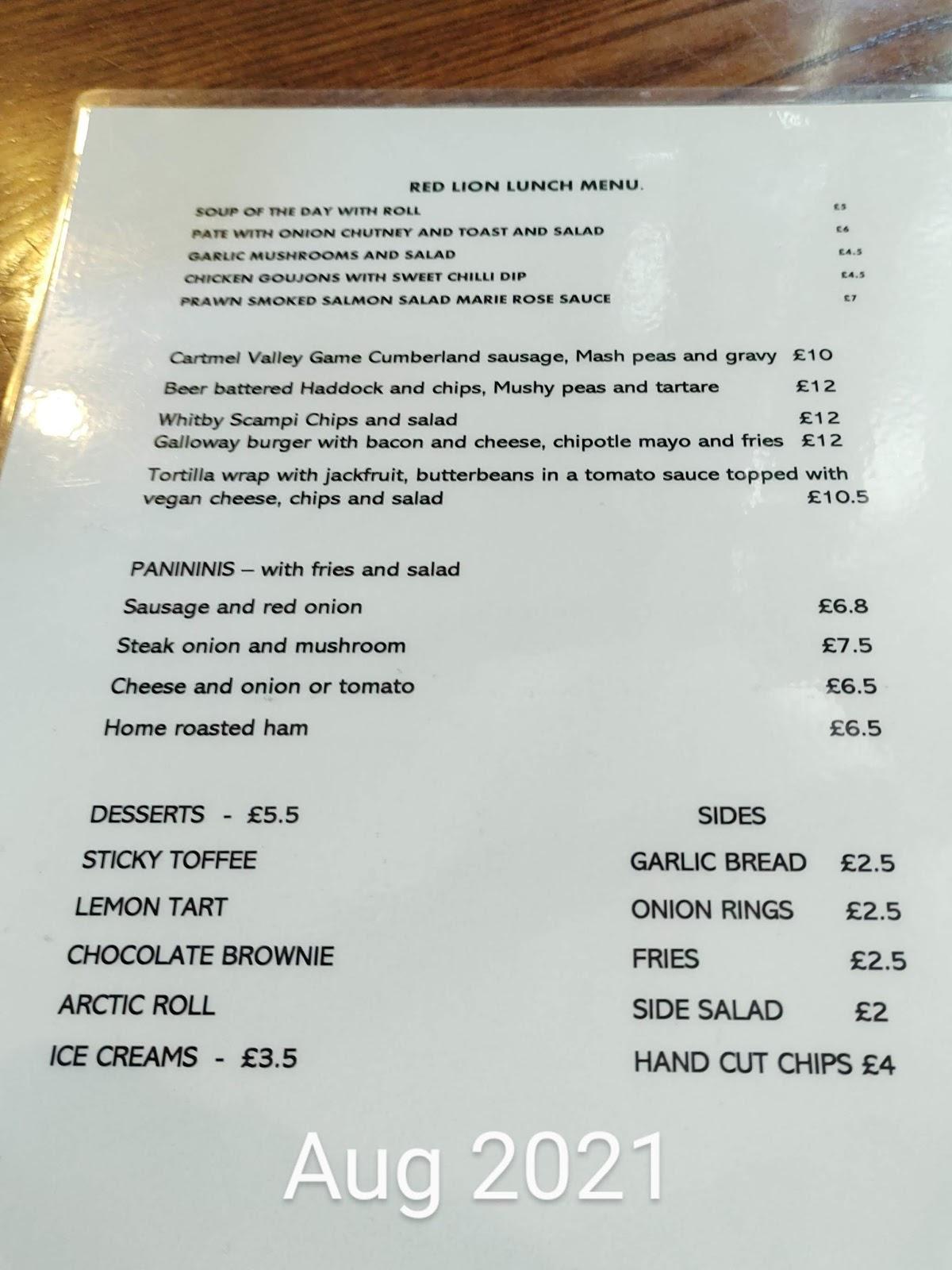 Menu at The Red Lion pub & bar, Sedbergh