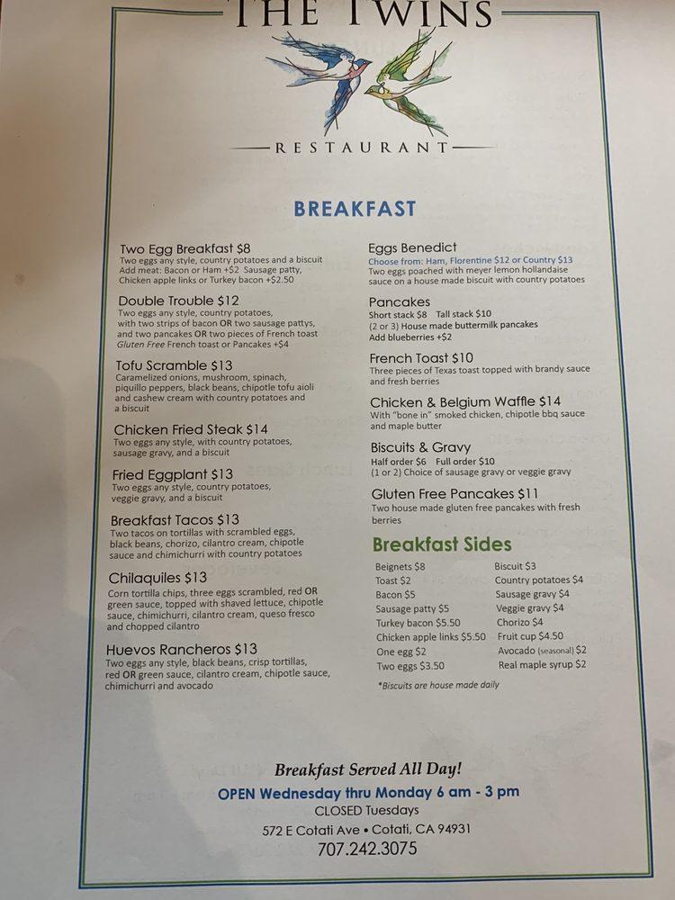 Menu at The Twins Restaurant, Cotati