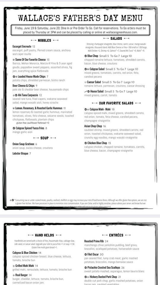 Menu at Wallace's at the Greenhouse restaurant, Homosassa