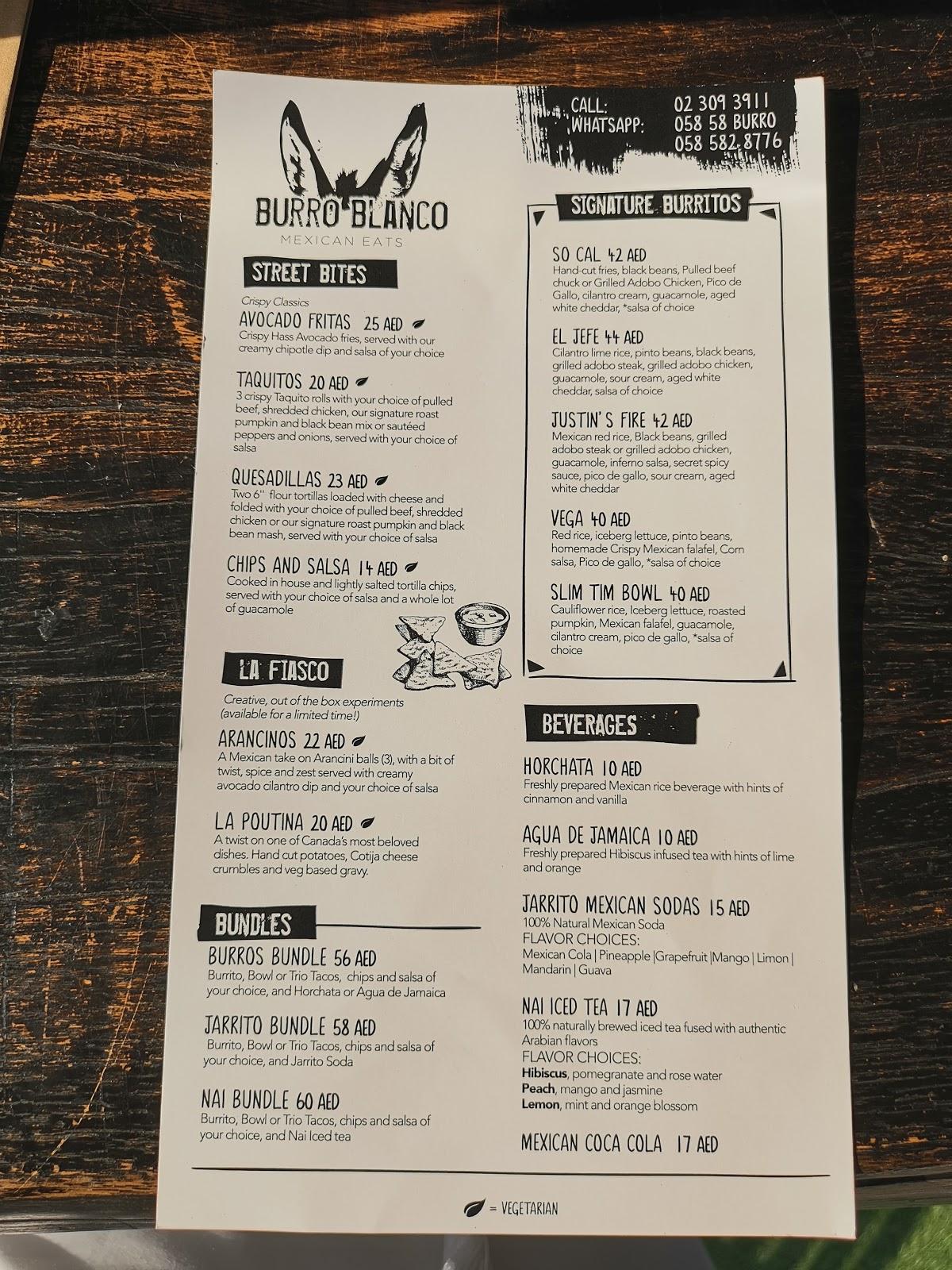Menu at Burro Blanco restaurant, Abu Dhabi, First Zayed Road