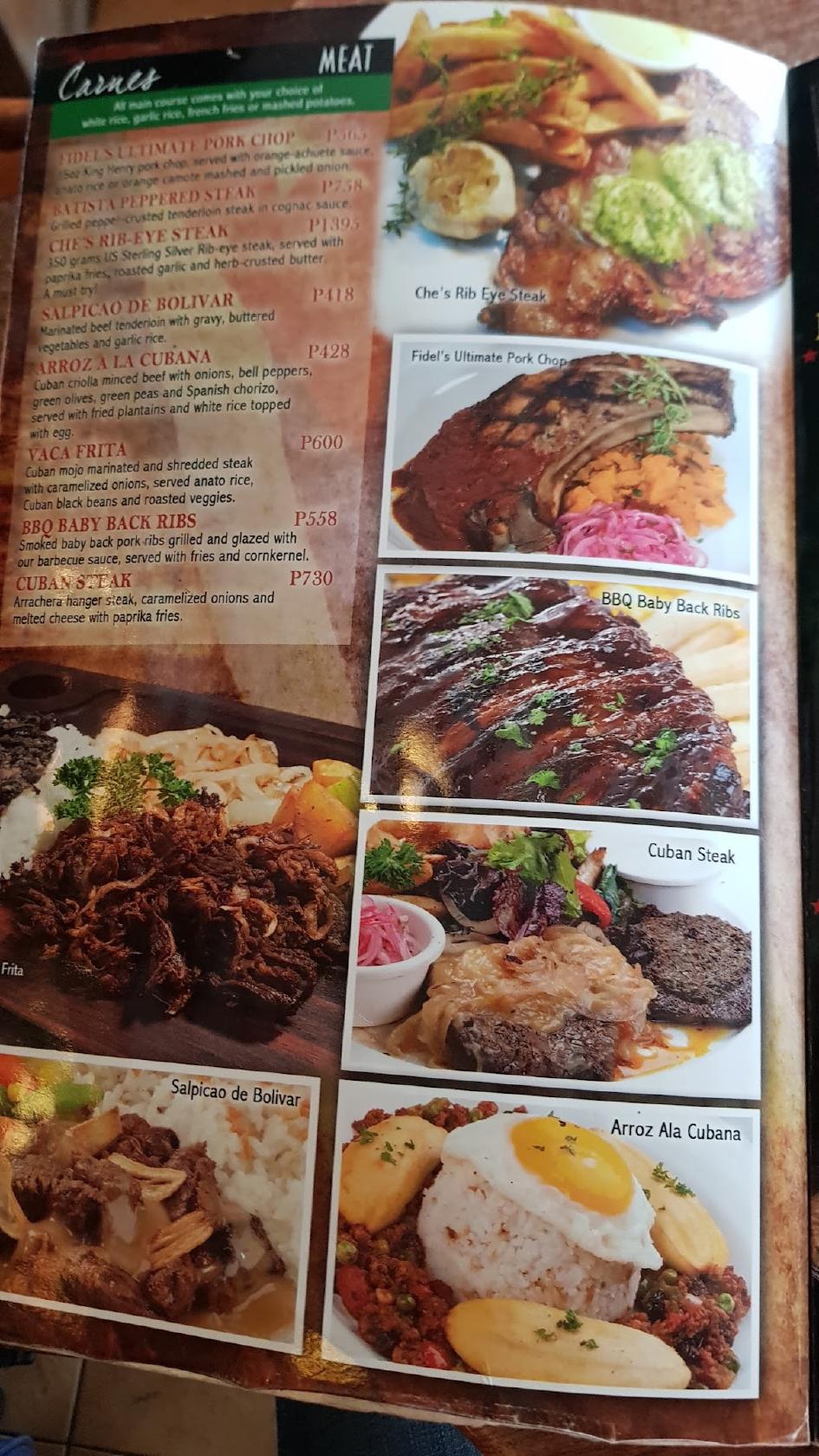 Menu at Cafe Cubana, Makati, P Burgos
