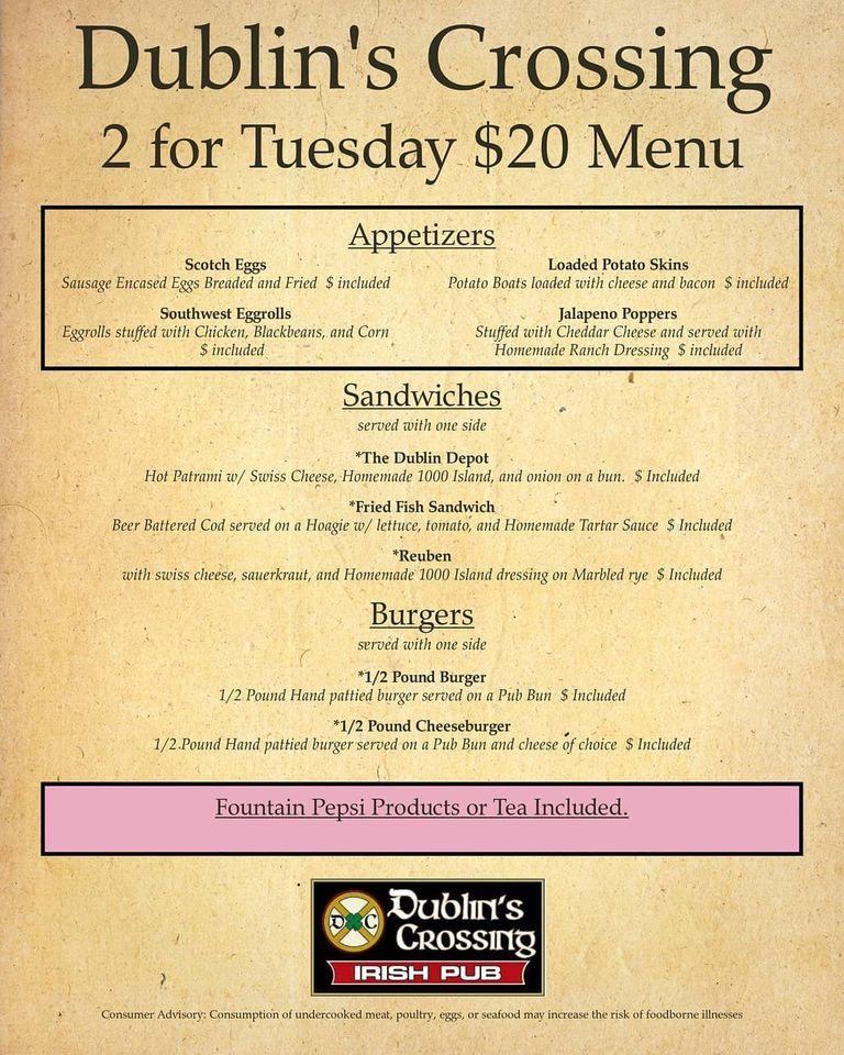 Menu at Dublin's Crossing pub & bar, Crossville