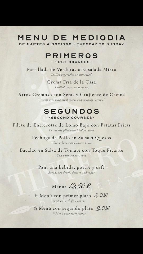 Carta del restaurante El Tintero del Poeta, León
