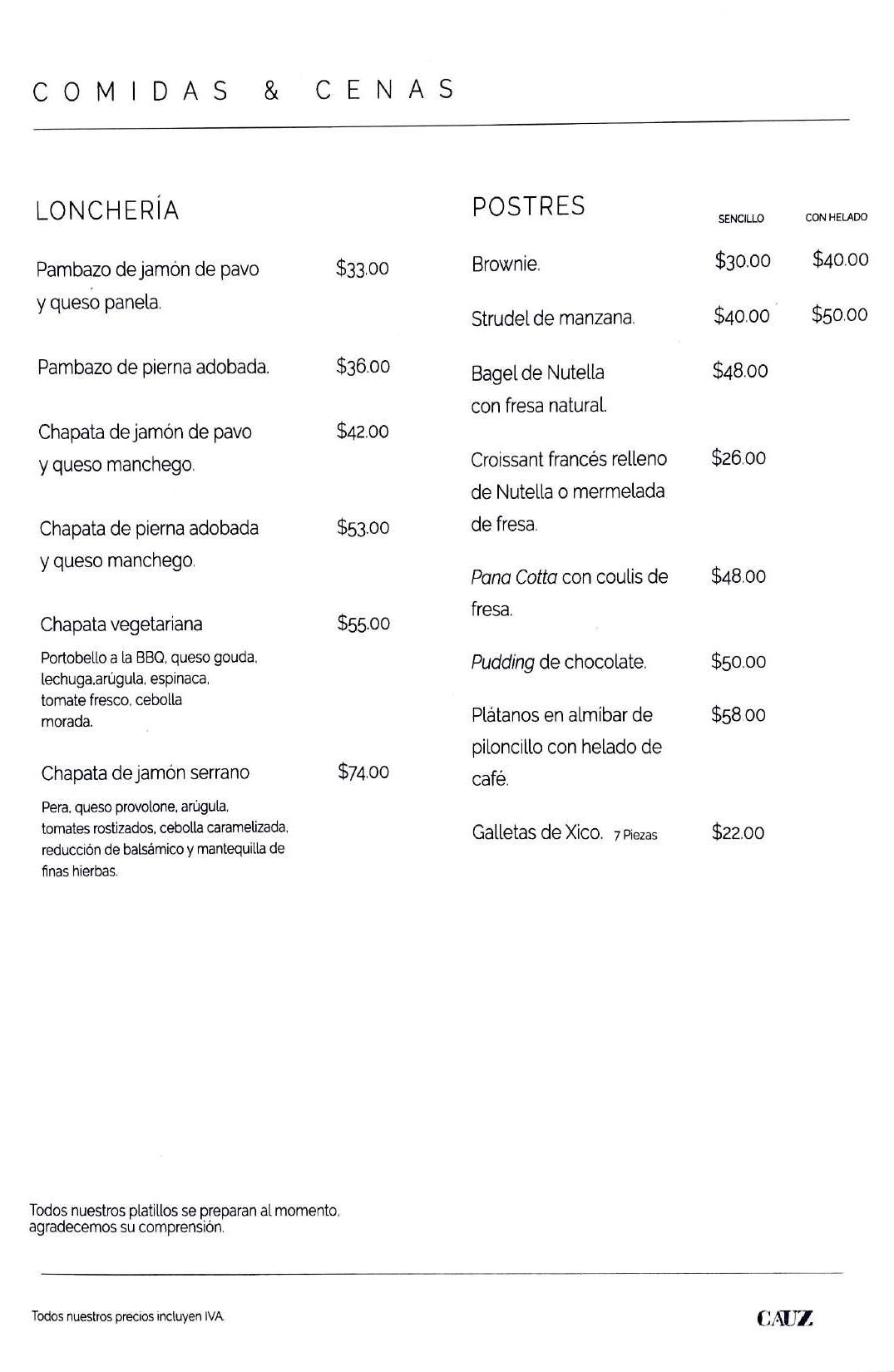 Carta del café Flor Catorce, Xalapa Enríquez, José María Morelos 1