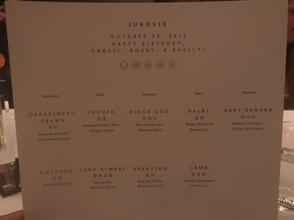 Menu at Jungsik restaurant, New York City