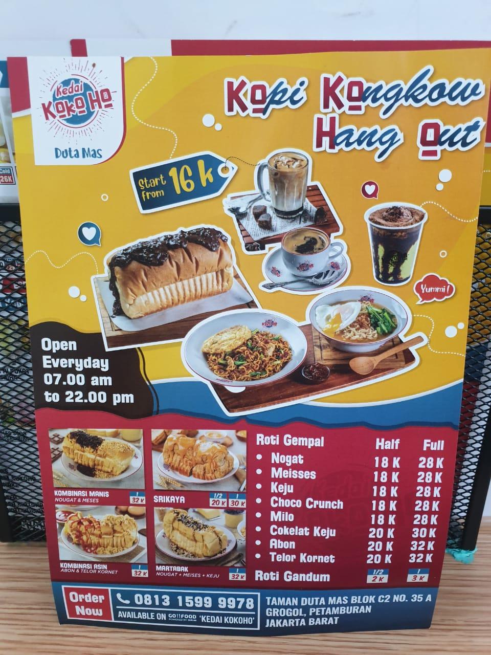 Menu at KEDAI KOKOHO DUTAMAS cafe, West Jakarta