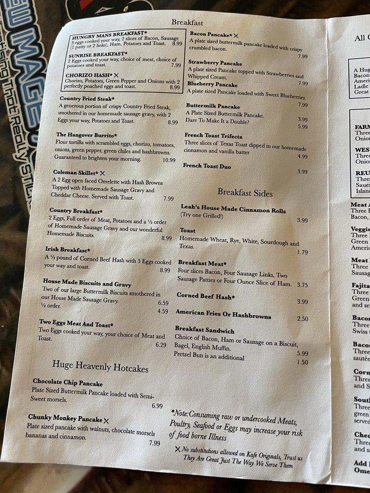 Menu at Leah's Korner Kafe restaurant, Coleman