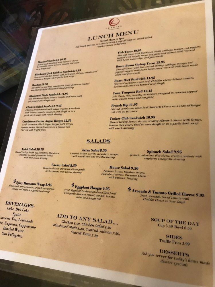 Menu at Lonnie's restaurant, Lake Mary