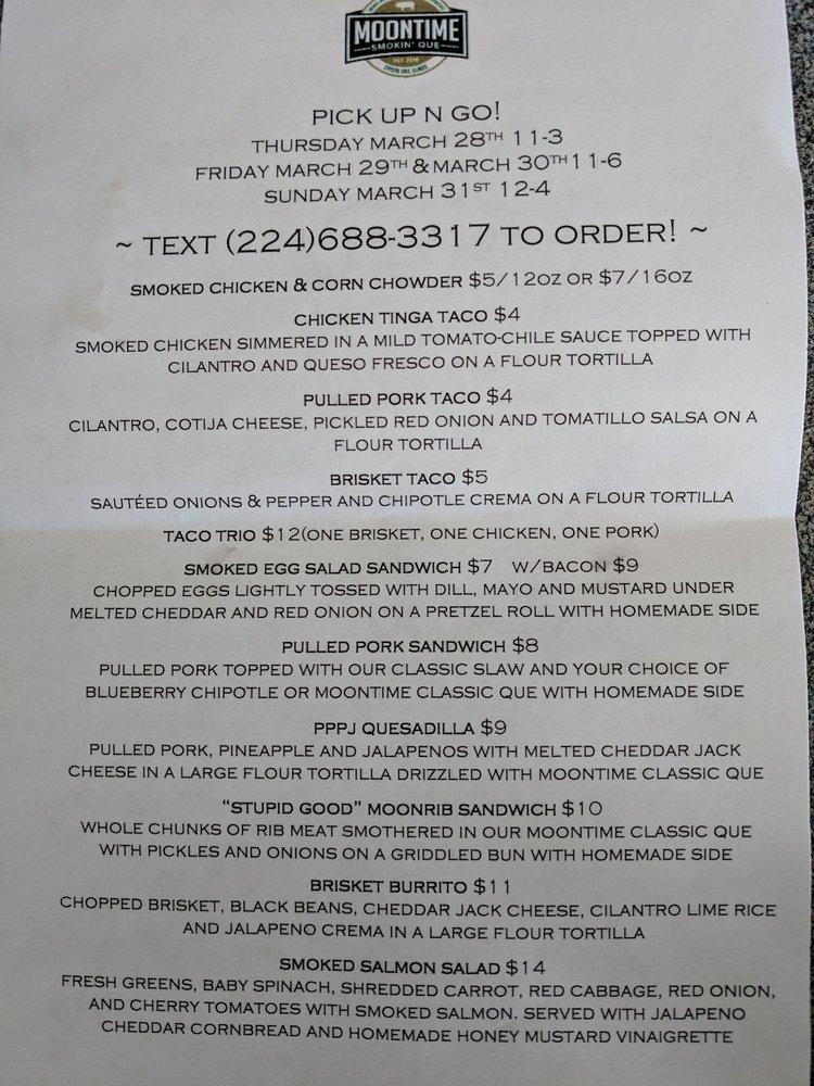Menu at Moontime Smokin' Que BBQ, Crystal Lake, North Ave Ralph's ...
