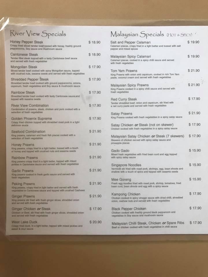 Menu at Riverview restaurant, Yarra Junction