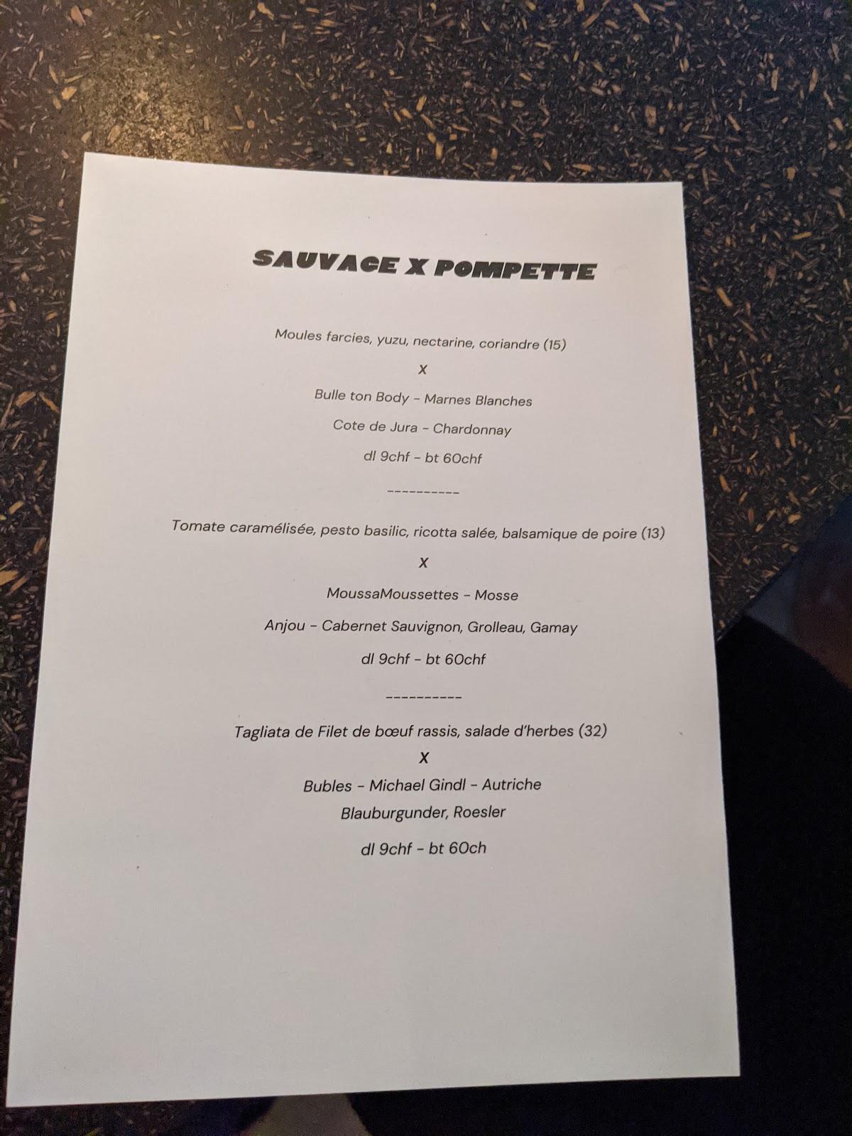 Speisekarte von Sauvage bar, Genf