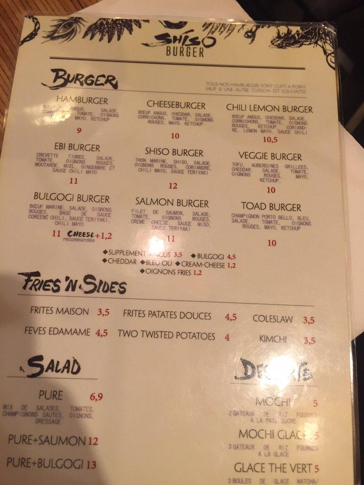 Menu au Shiso Burger restaurant, Paris, 21 Quai Saint-Michel