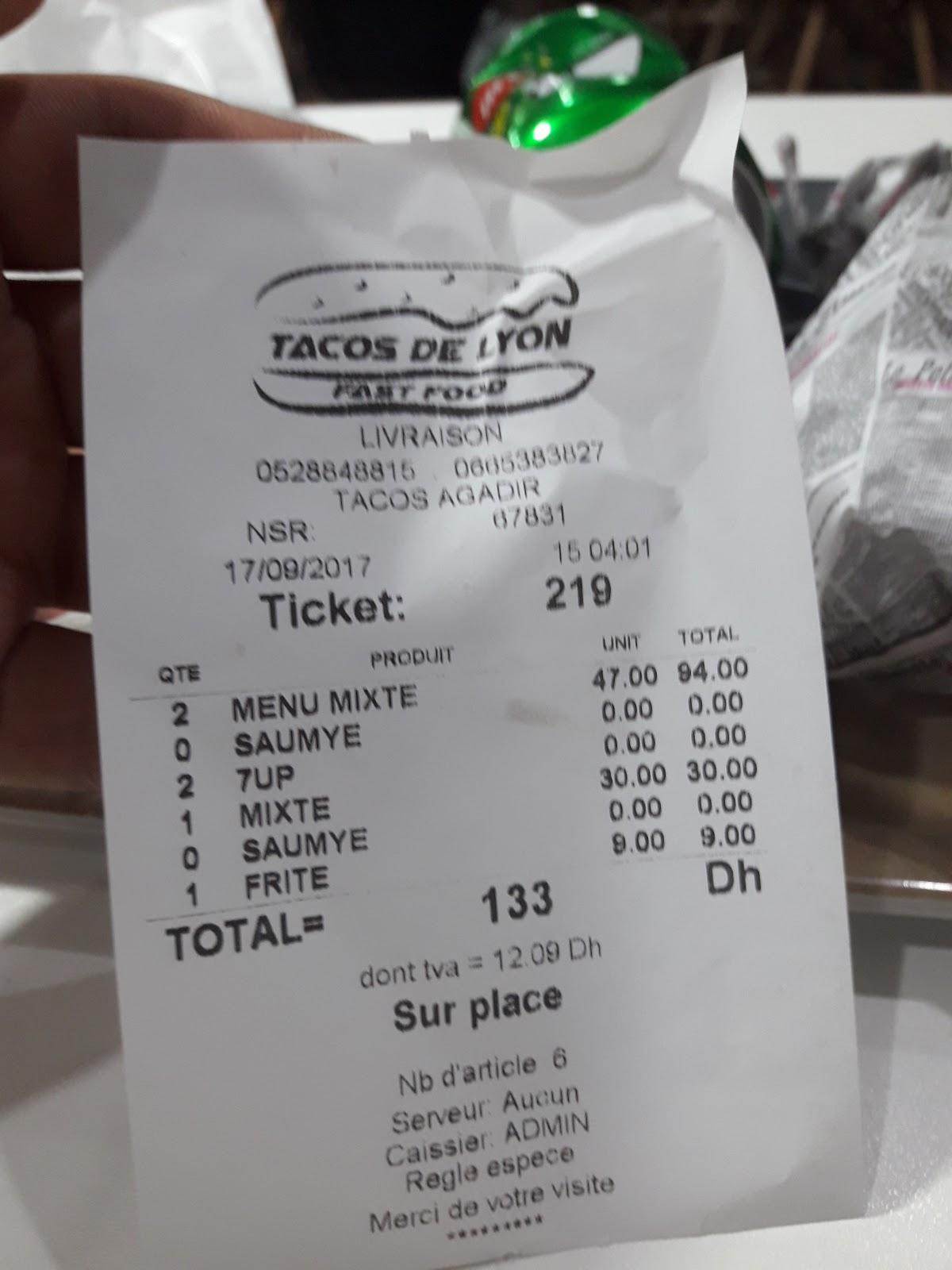 Menu at Tacos de Lyon restaurant, Agadir, CC93+7VP
