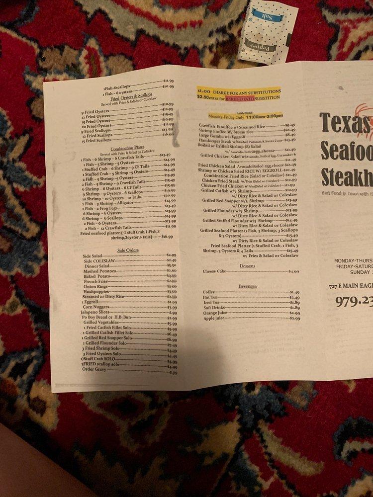 Menu at Texas Seafood & Steakhouse, Eagle Lake