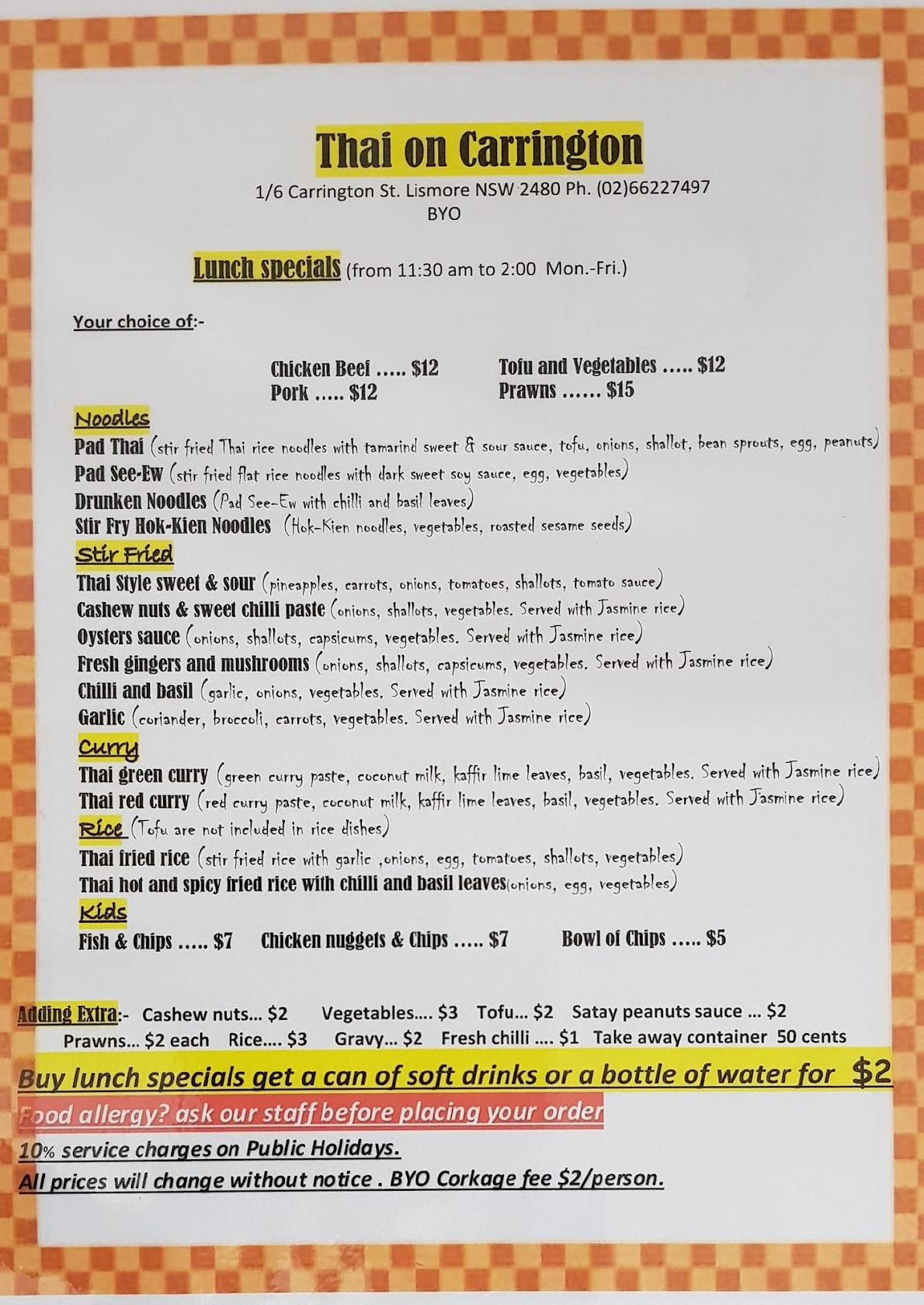 Menu at Thai On Carrington restaurant, Lismore