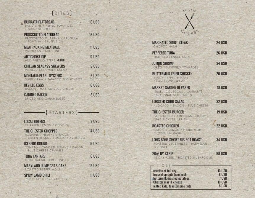 Menu at The Chester restaurant, New York City, 18 9th Ave