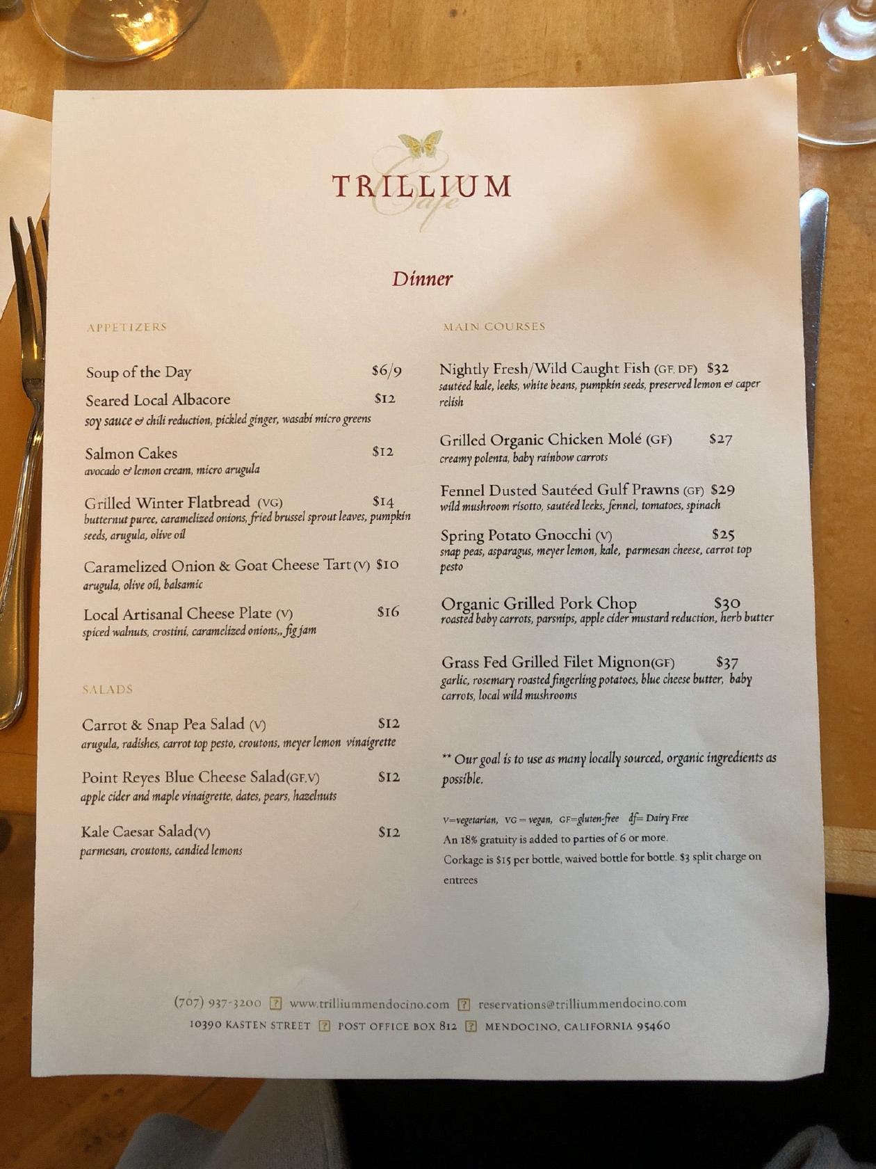Menu at Trillium Cafe & Inn, Mendocino