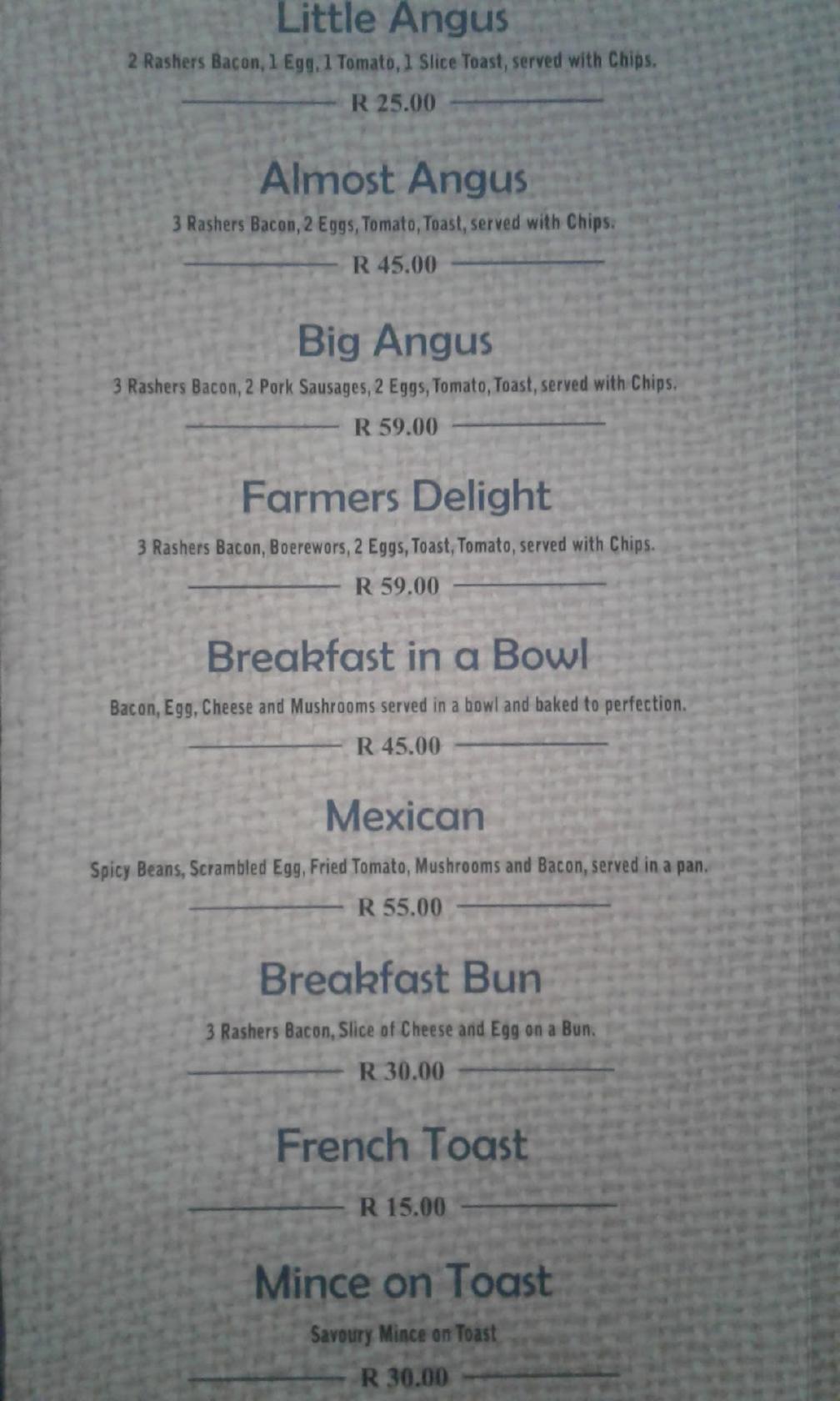 Menu at ANGUS GRILL restaurant, Kempton Park