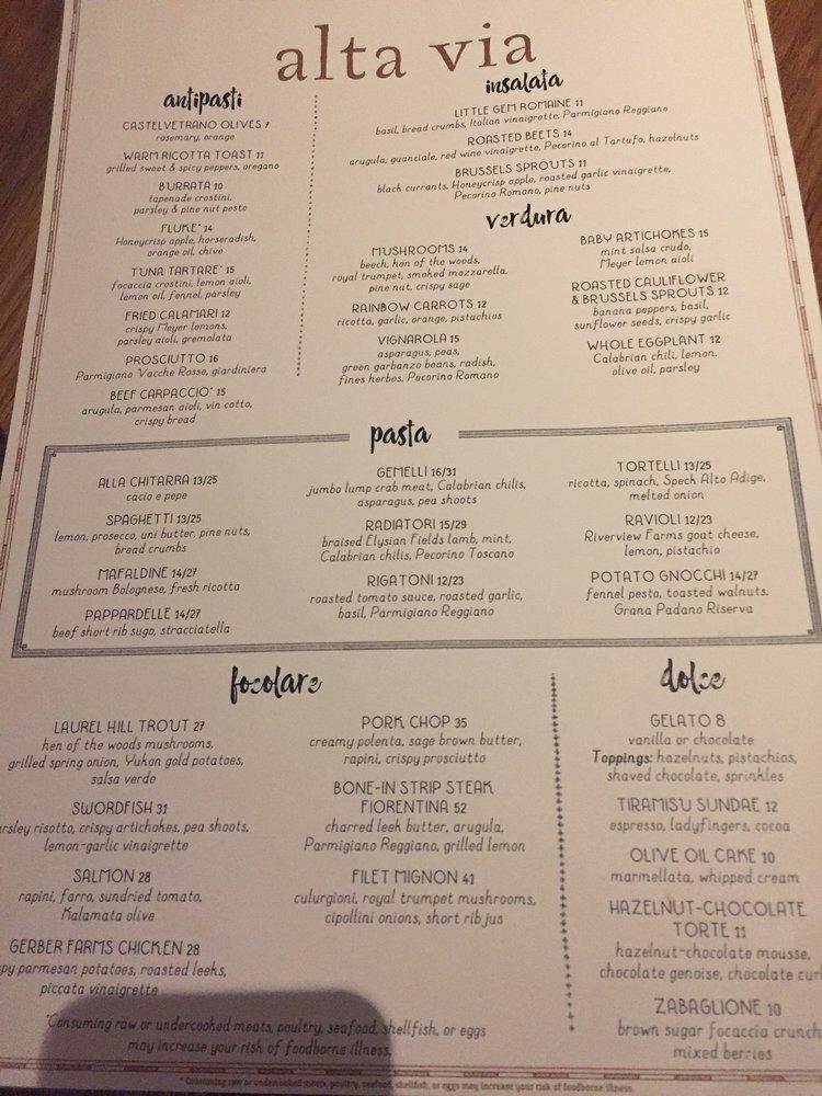 Menu at Alta Via restaurant, Pittsburgh, 46 Fox Chapel Rd