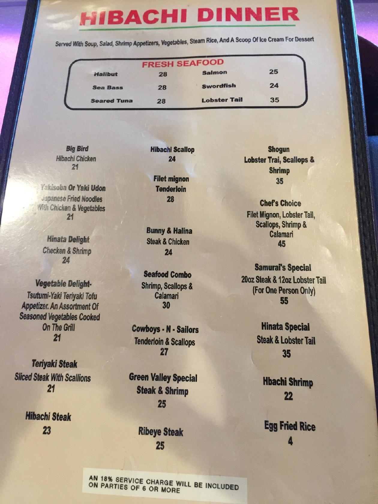 Menu at Hinata Japanese Steakhouse, Sushi & Bar, Fairfield