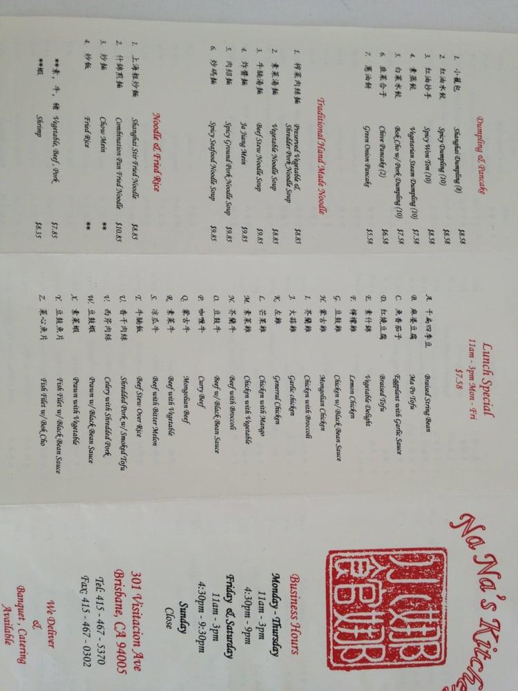 Menu at Na Na's Kitchen restaurant, Brisbane