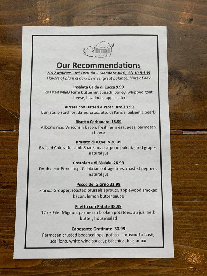 Menu at Ottimo restaurant, Orland Park