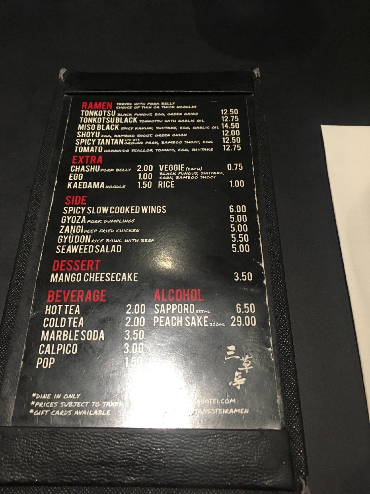 Menu at Sansotei Ramen restaurant, Ottawa, 153 Bank St