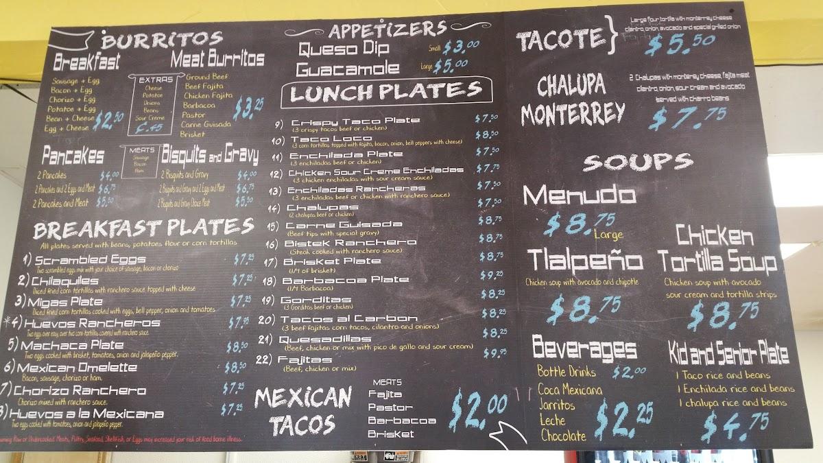 Menu at Tacote restaurant, Glen Rose