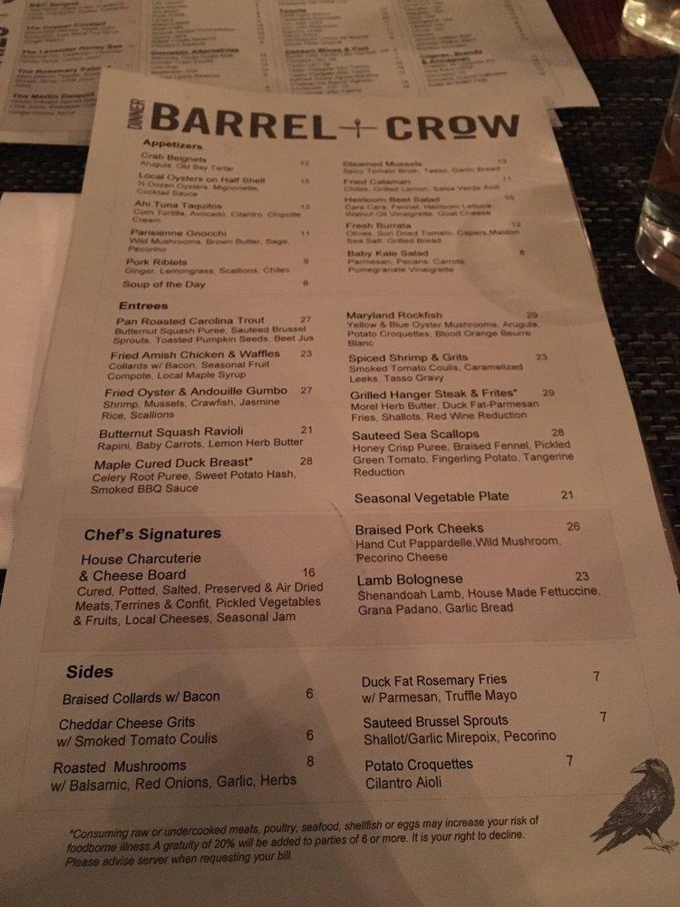Menu at Barrel & Crow, Bethesda