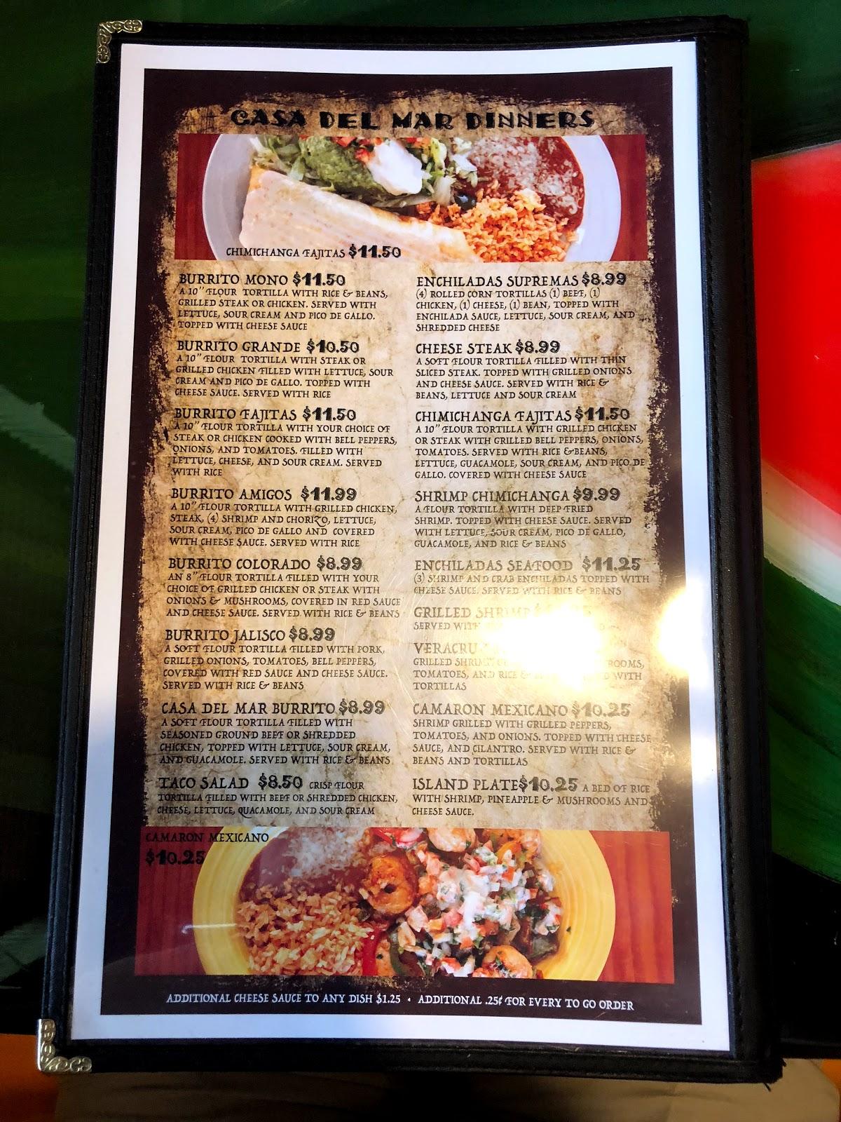 Menu at Casa Del Mar restaurant, Urbana