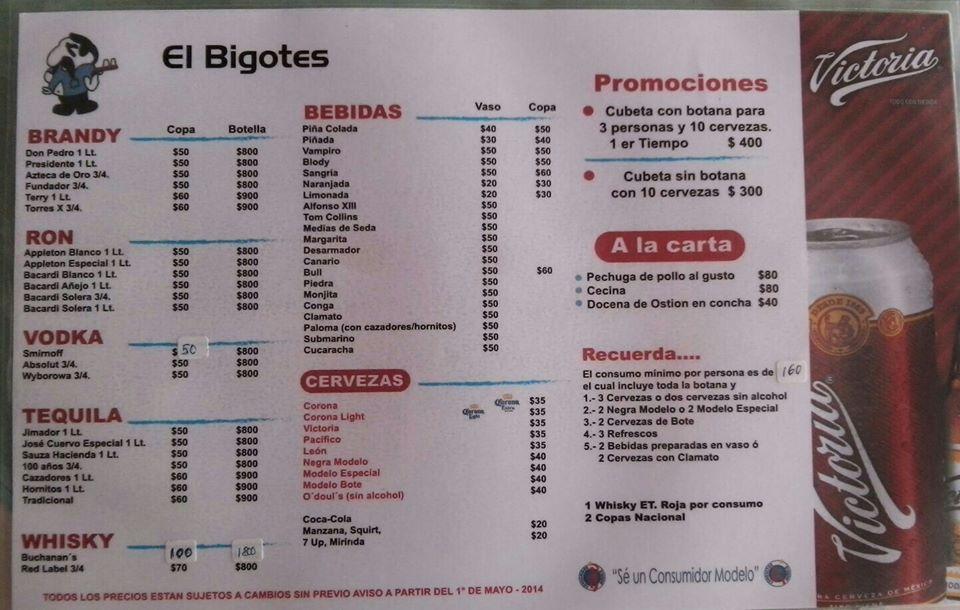 Menu at El Bigotes pub & bar, Jiutepec