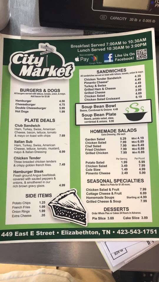Menu at Food City cafe, Elizabethton, 920 Broad St